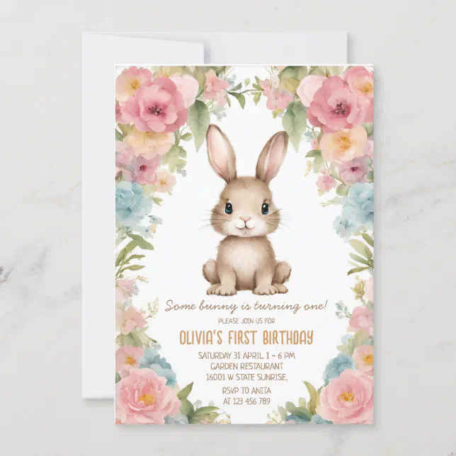 Blush Pink Flower Garden Bunny Rabbit Birthday Invitation | Zazzle