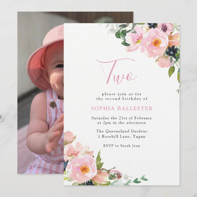 Blush & Pink Flower Girls 2nd Birthday Party Photo Invitation | Zazzle