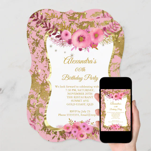 Blush Pink Flowers Gold Birthday Party 2 Invitation Zazzle