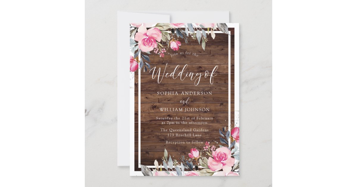 Blush Pink Flowers Rustic Wood Wedding Invitation | Zazzle