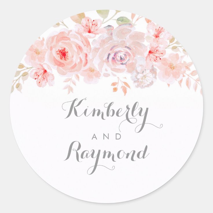 Blush Pink Flowers Watercolor Classic Round Sticker | Zazzle