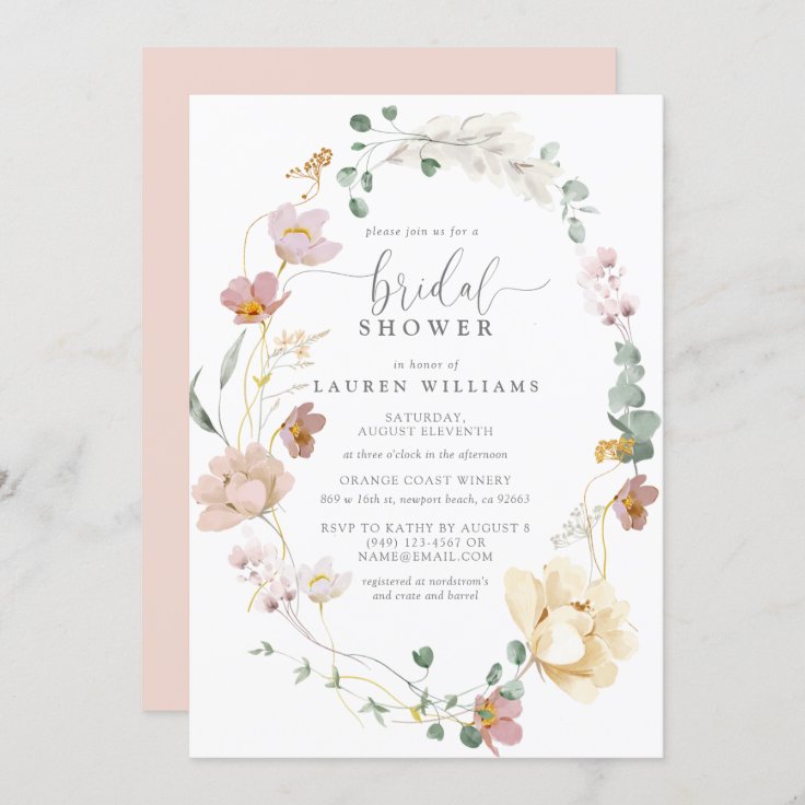 Blush Pink Garden Flowers Script Bridal Shower Invitation | Zazzle