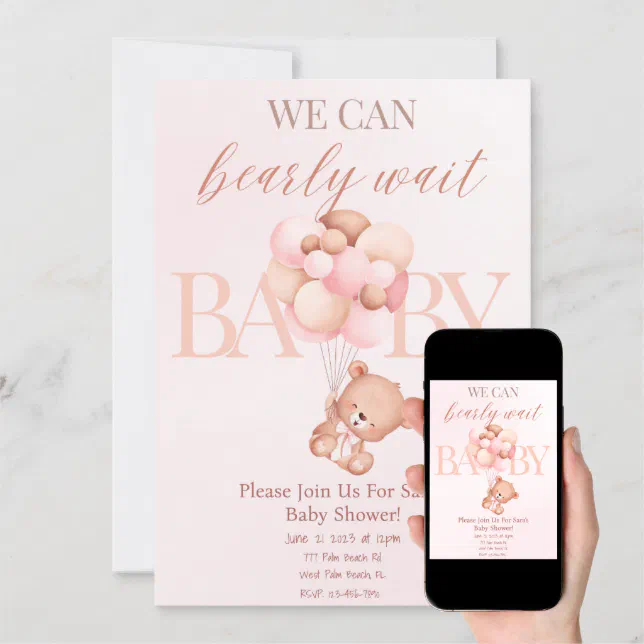 Blush Pink Girl We Can Bearly Wait Baby Shower Invitation | Zazzle