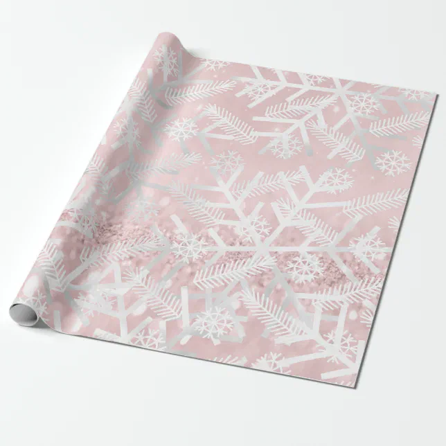 Blush Pink Glitter Christmas Holiday Snowflake Joy Wrapping Paper | Zazzle