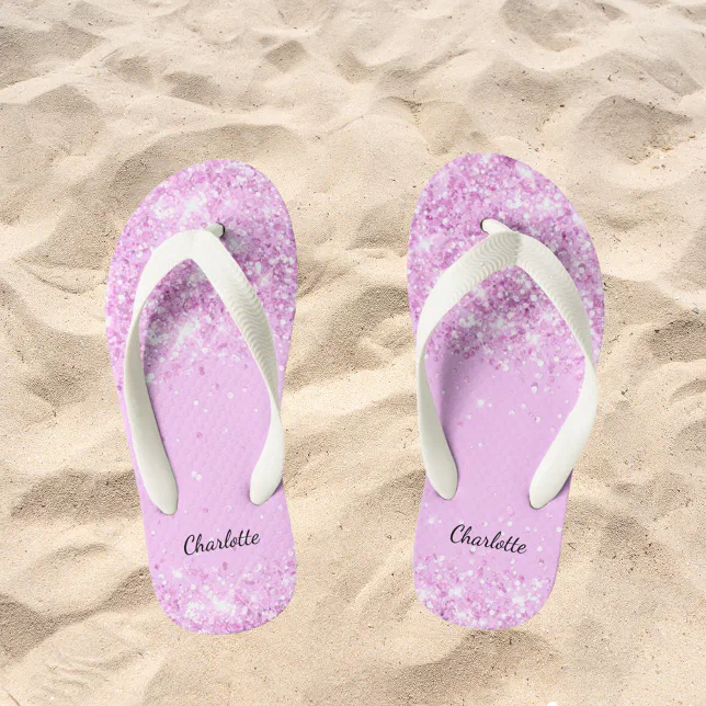 Blush pink glitter drips name girl kid's flip flops | Zazzle