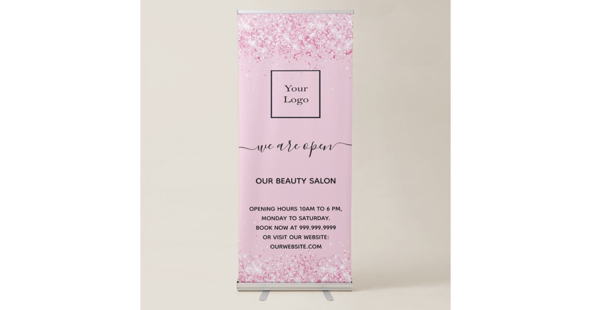 Blush pink glitter dust business logo salon retractable banner | Zazzle