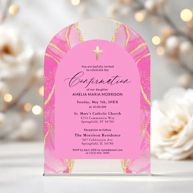 Blush Pink Gold Agate Confirmation Modern Acrylic Invitations | Zazzle