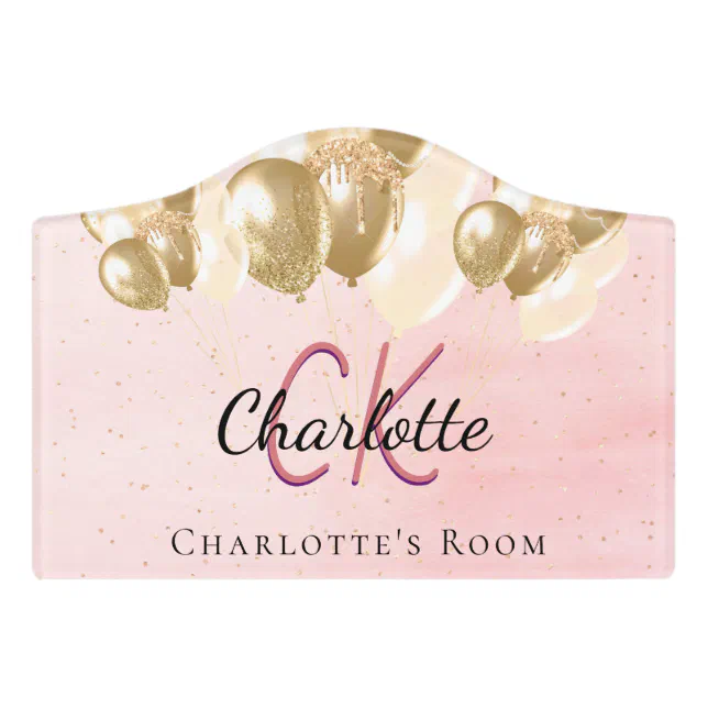 Blush pink gold balloons name girl door sign | Zazzle