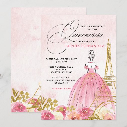 Blush Pink Gold Eiffel Tower Paris Quinceañera Invitation | Zazzle