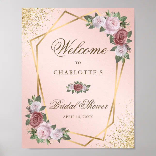 Blush Pink Gold Floral Bridal Shower Welcome Sign | Zazzle