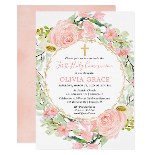 Blush pink gold floral girl First Holy Communion Invitation | Zazzle.com