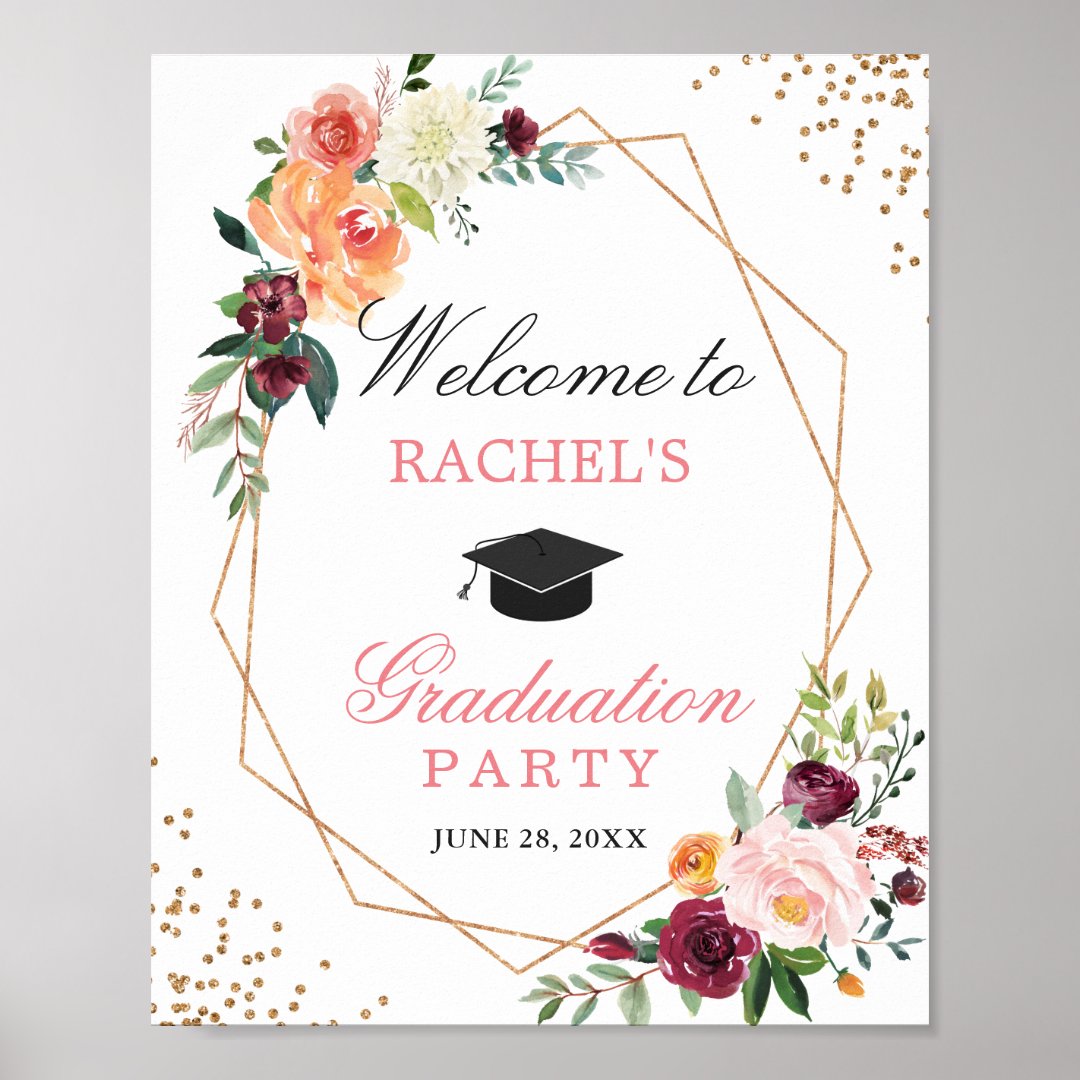 Blush Pink Gold Floral Graduation Party Welcome Poster | Zazzle
