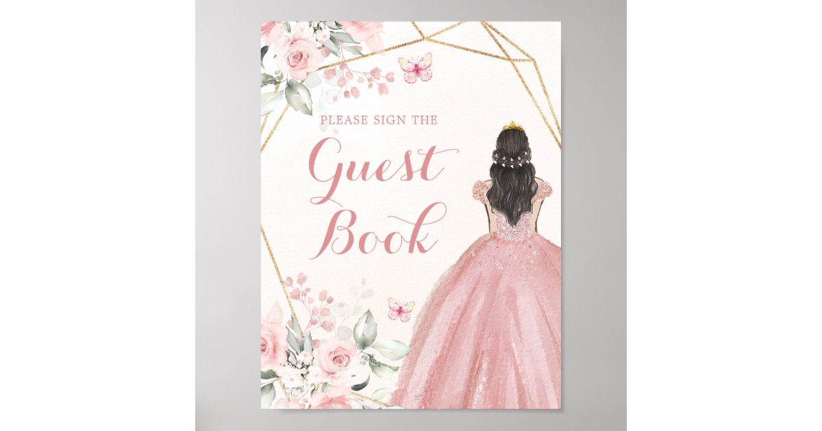 Blush Pink Gold Geometric Floral Quince Guest Book | Zazzle