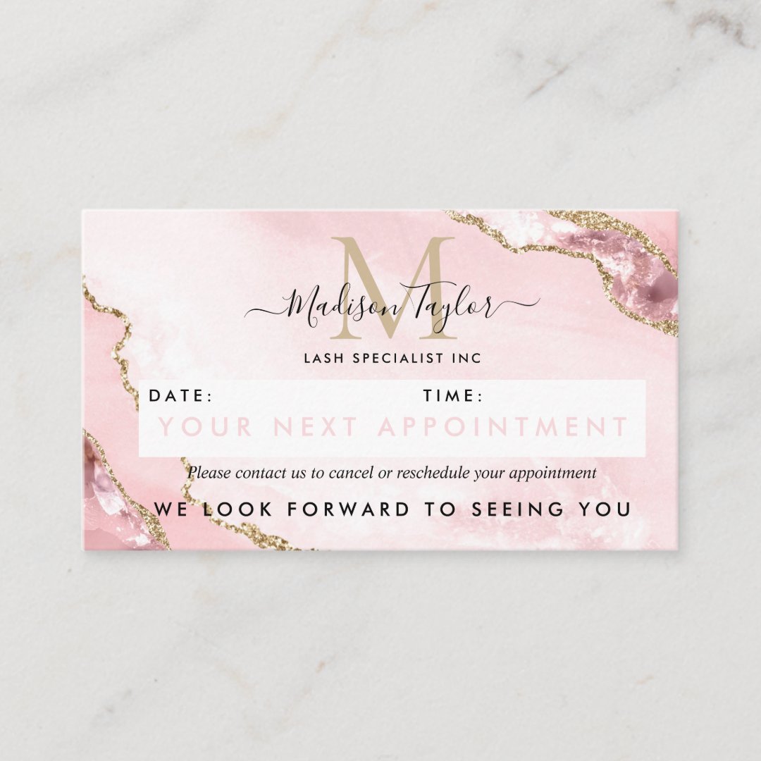 Blush Pink Gold Glitter Agate Marble Monogram Cute Appointment Card ...
