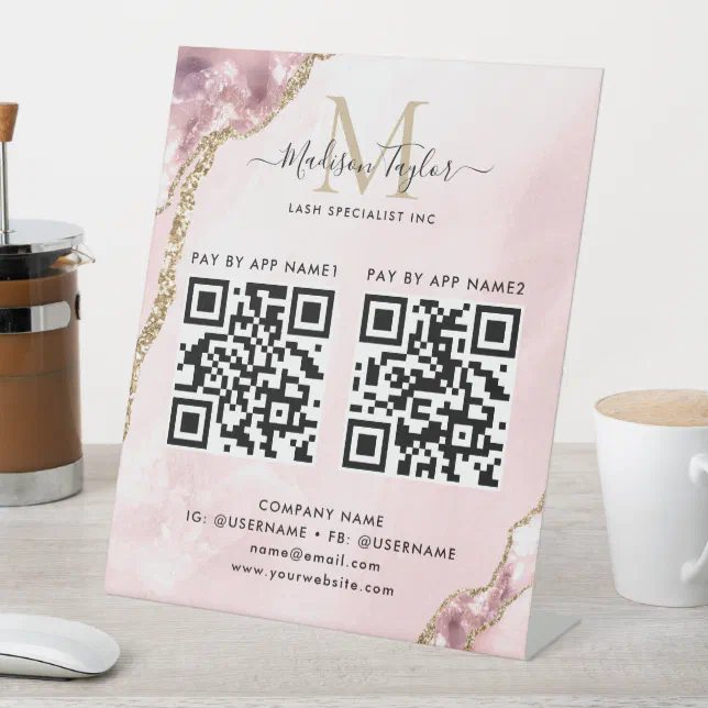 Blush Pink Gold Glitter Agate Monogram Scan to Pay Pedestal Sign | Zazzle