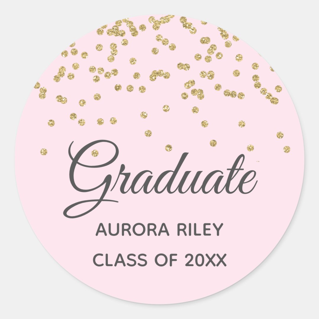 Blush Pink Gold Glitter Confetti Graduation Favor Classic Round Sticker ...