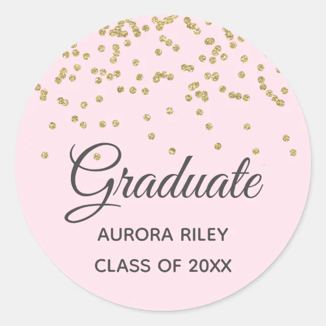 Blush Pink Gold Glitter Confetti Graduation Favor Classic Round Sticker ...