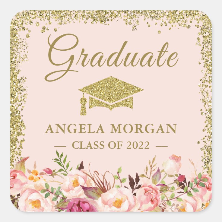 Blush Pink Gold Glitters Floral Graduation Favor Square Sticker | Zazzle