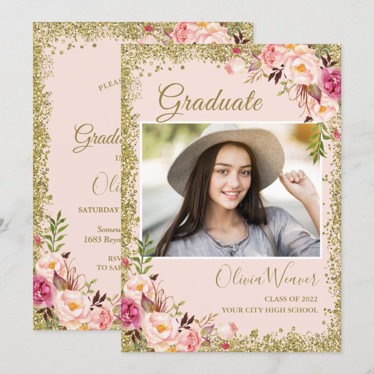 Blush Pink Gold Glitters Floral Photo Graduation Invitation | Zazzle