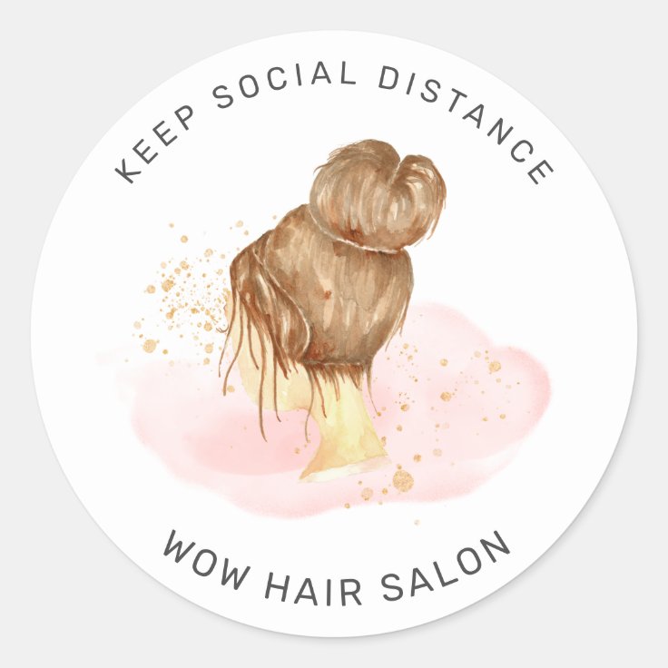 blush pink gold hair updo salon social distancing classic round sticker ...