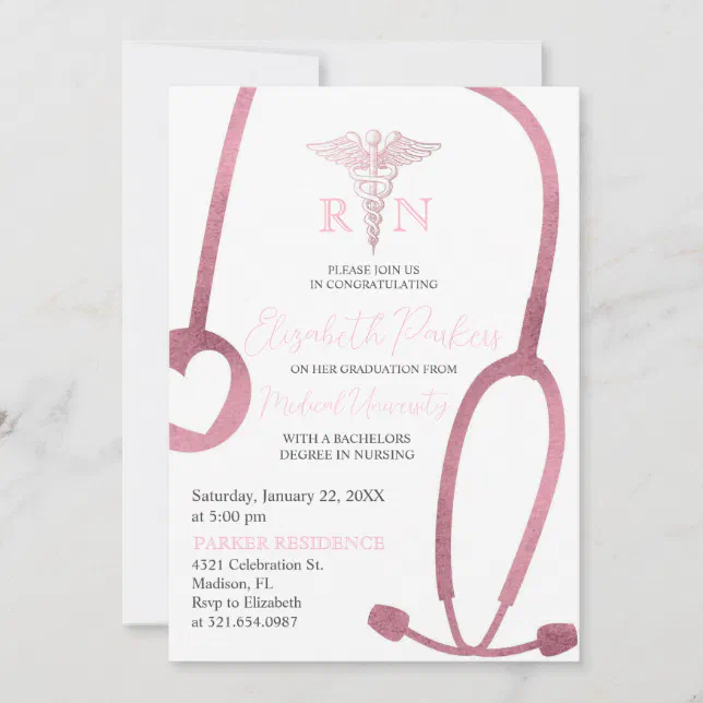 Blush Pink Gold RN Nursing Graduation Party Invitation | Zazzle