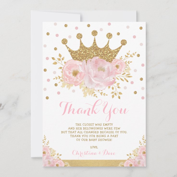 Blush Pink Gold Royal Princess Crown Baby Girl Thank You Card | Zazzle