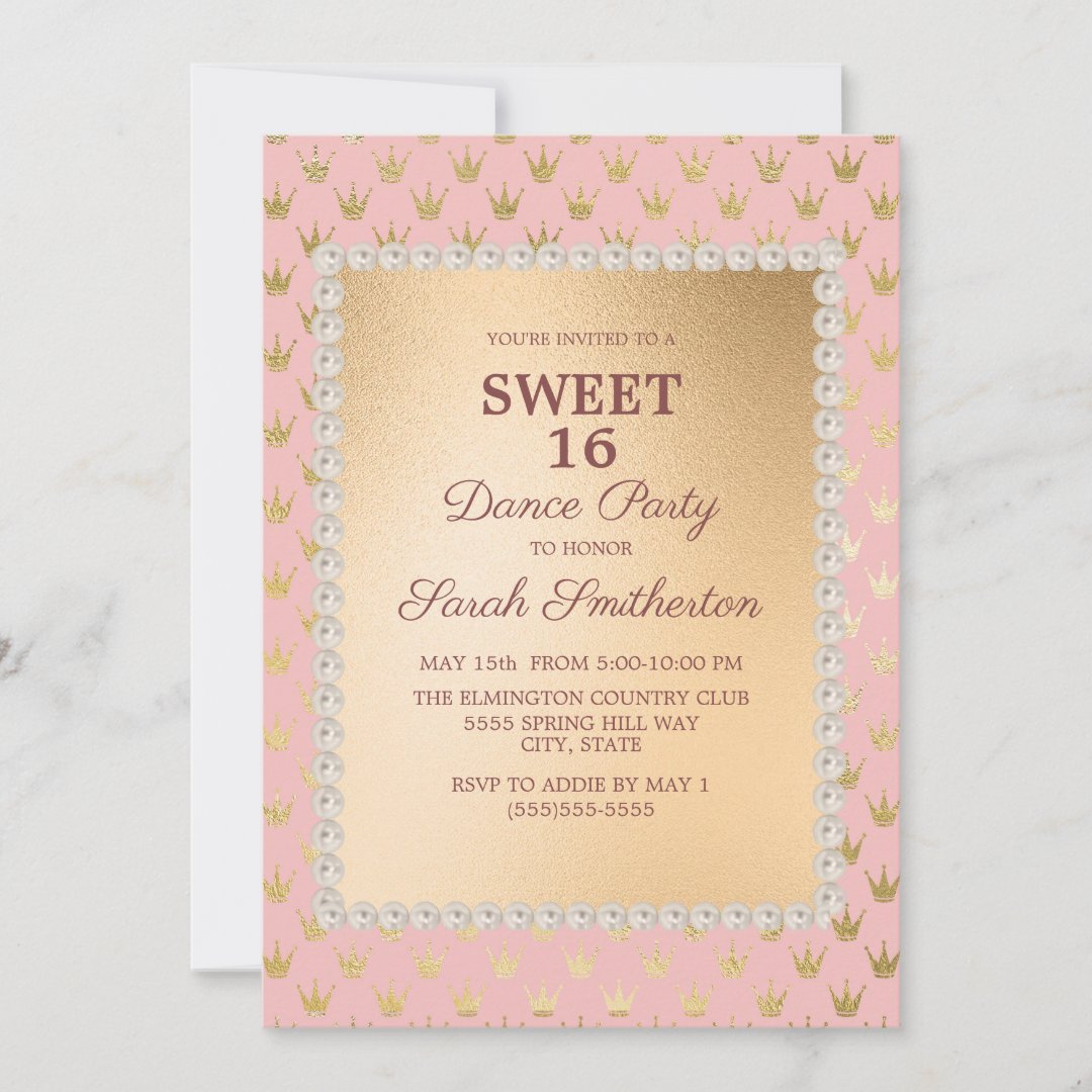 Blush Pink Gold Tiara Sweet 16 Dance Party Invitation | Zazzle