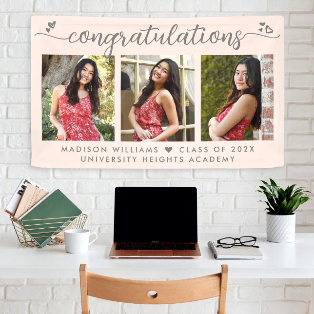 Blush Pink Graduation 3 Photo Modern Script Hearts Banner | Zazzle