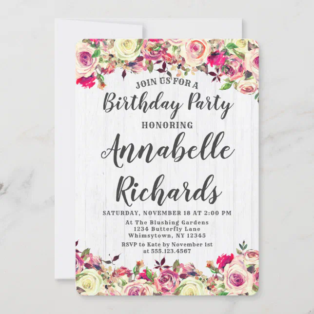 Blush Pink & Green Rose Birthday Party Invitation | Zazzle