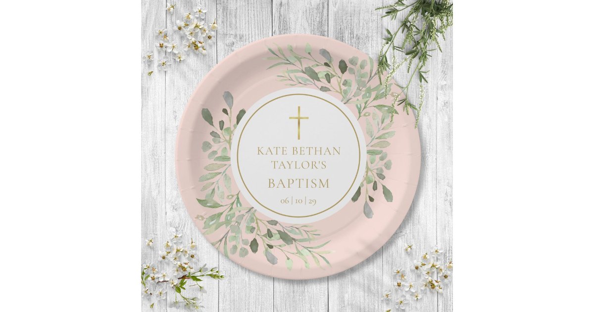 Blush Pink Greenery Baptism Christening Paper Plates | Zazzle