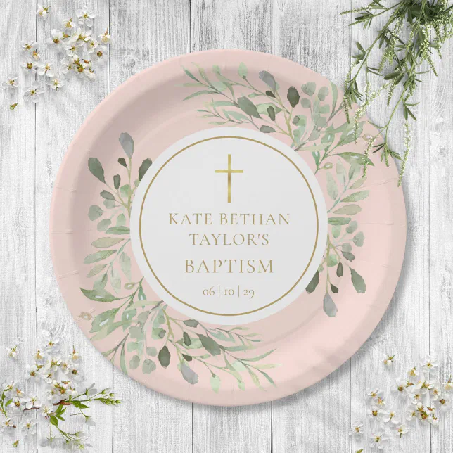 Blush Pink Greenery Baptism Christening Paper Plates | Zazzle