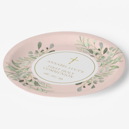 Blush Pink Greenery First Holy Communion Paper Plates | Zazzle