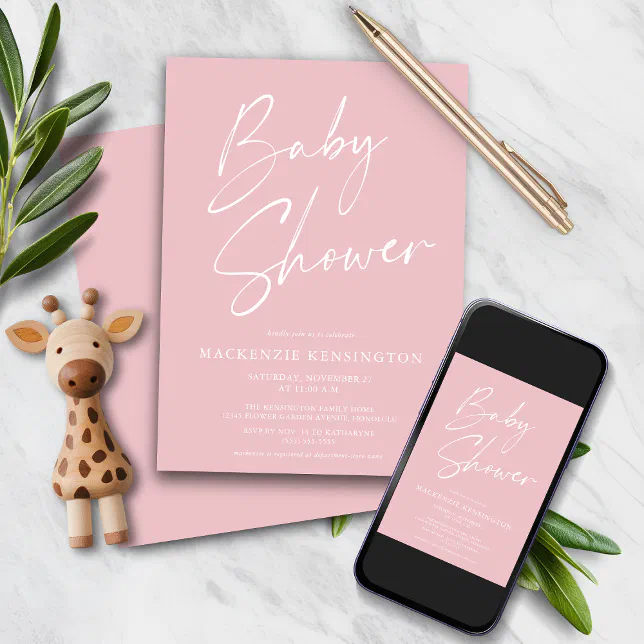 Blush Pink Handwritten Script Baby Girl Shower Inv Invitation | Zazzle