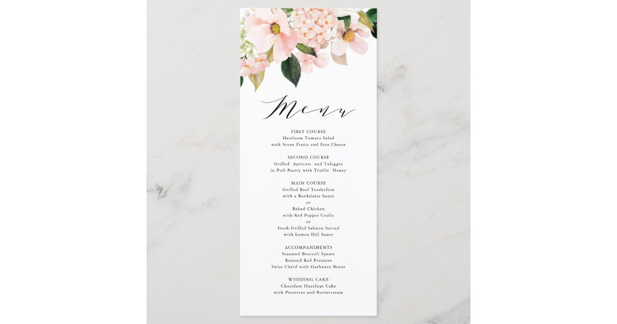 Blush Pink Magnolias and Hydrangeas Wedding Menu | Zazzle