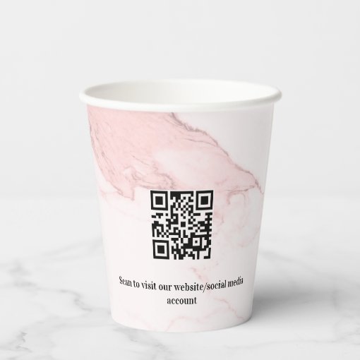 Blush pink marble business corporate logo qr code paper cups | Zazzle