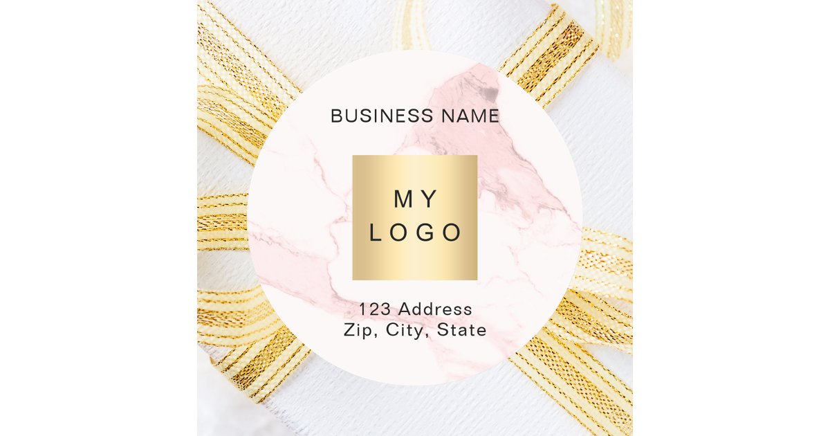 Blush pink marble business logo address classic round sticker | Zazzle