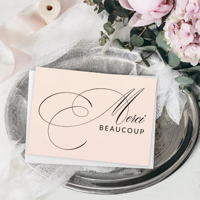 Blush Pink Merci Beaucoup Elegant Calligraphy Thank You Card | Zazzle