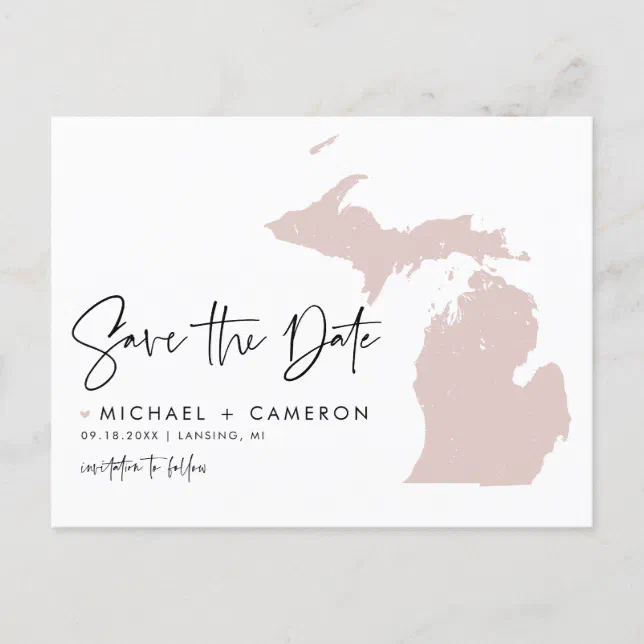 Blush Pink Michigan Map Modern Save the Date Announcement Postcard | Zazzle