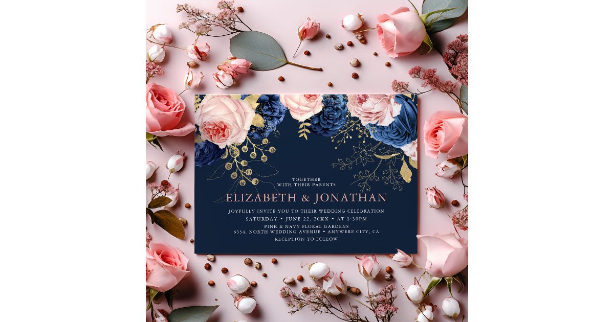 Blush Pink & Midnight Navy Florals Elegant Wedding Invitation | Zazzle