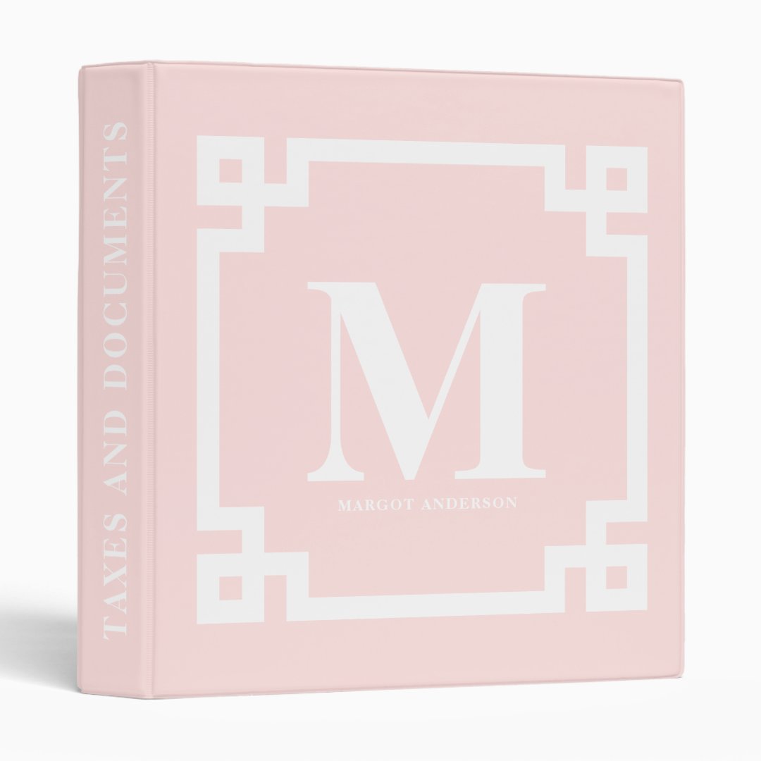 Blush Pink Modern Greek Key Border Monogram Binder | Zazzle