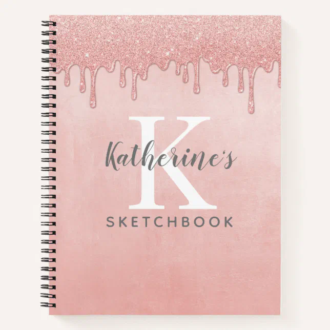 Blush Pink Monogram Dripping Glitter Sketchbook Notebook | Zazzle
