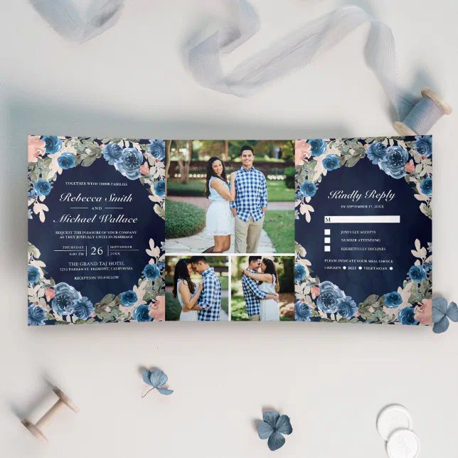 Blush Pink Navy Blue Floral Midnight Photo Wedding Tri-Fold Invitation ...