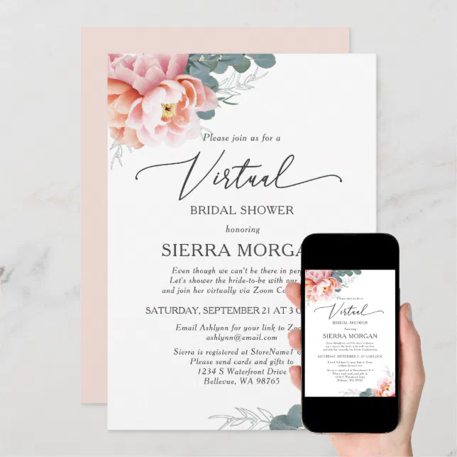 Blush Pink Peony Floral Virtual Bridal Shower Invitation | Zazzle