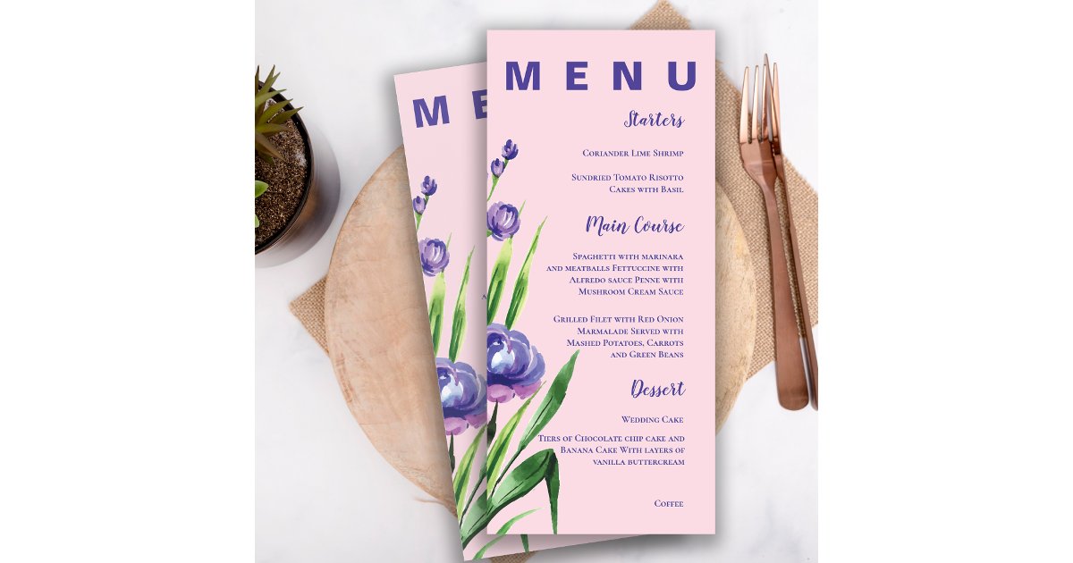 Blush Pink Pretty Blue Floral Wedding Party Menu | Zazzle