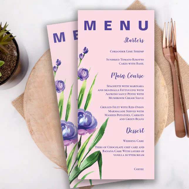 Blush Pink Pretty Blue Floral Wedding Party Menu | Zazzle
