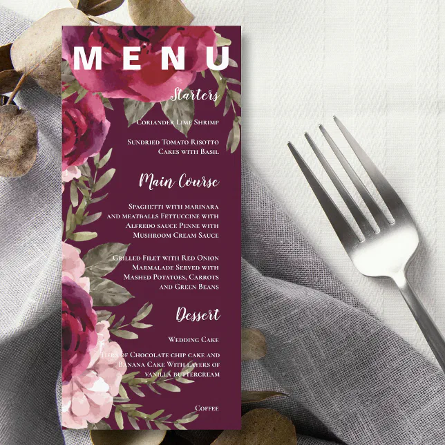 Blush Pink Pretty Burgundy Floral Wedding Party Menu | Zazzle