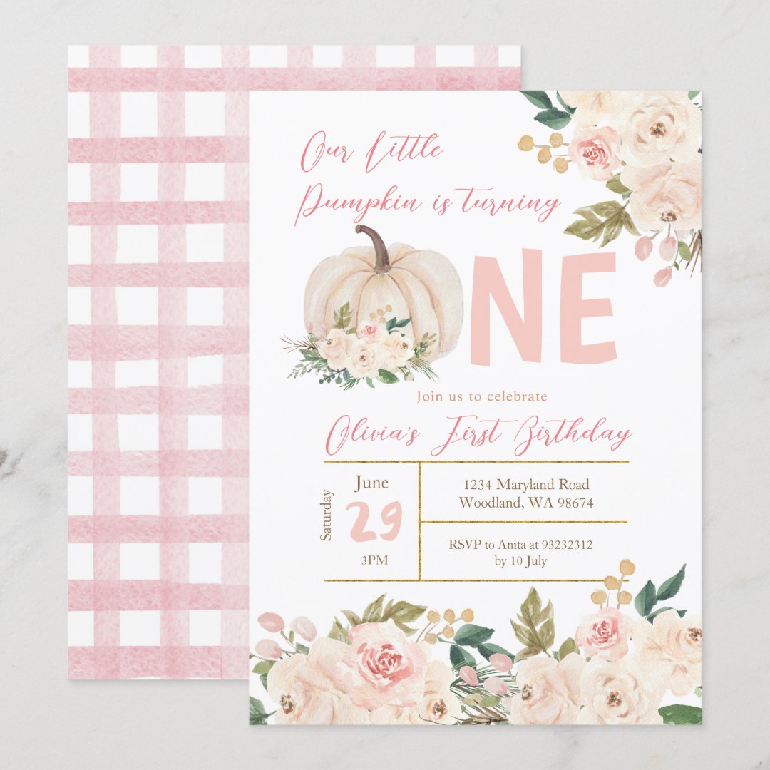 Blush Pink Pumpkin Turning One Birthday Invitation | Zazzle