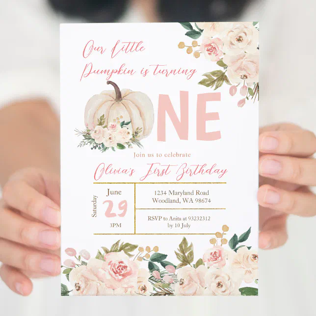 Blush Pink Pumpkin Turning One Birthday Invitation | Zazzle