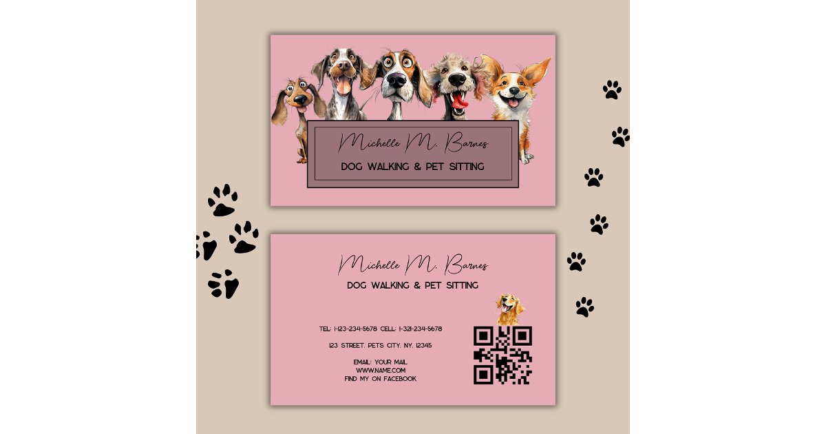 Blush Pink Puppy Dog Walker Sitter QR Code Modern Business Card | Zazzle