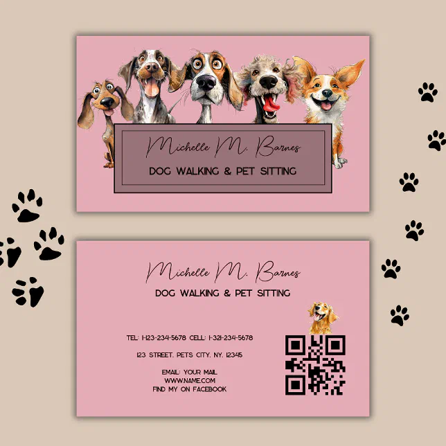 Blush Pink Puppy Dog Walker Sitter QR Code Modern Business Card | Zazzle
